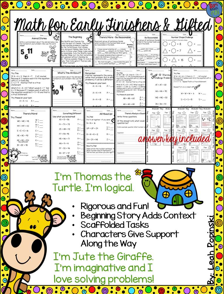 Early Finishers Math Enrichment Homework Extensions Sum Math Fun