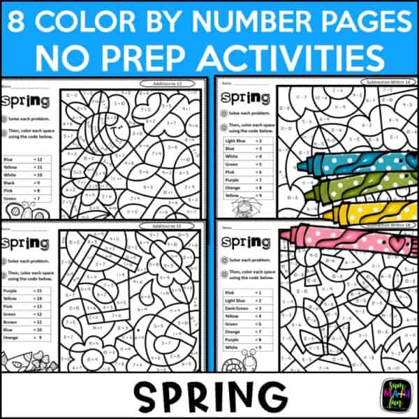 Spring - Addition and Subtraction Color by Number - Sum Math Fun