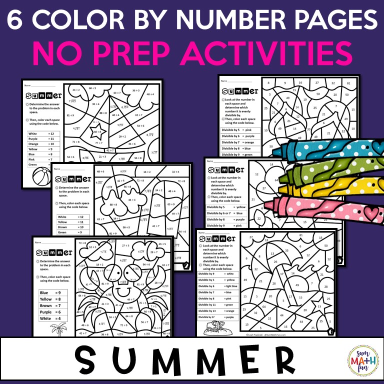 Summer - Division and Divisibility Color by Number - Sum Math Fun