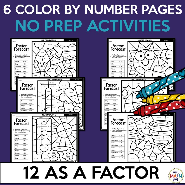 Multiplication Worksheets - Color by Number - Using 12 as a Factor