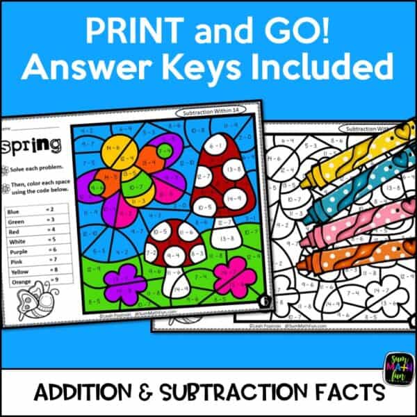 Spring - Addition and Subtraction Color by Number - Sum Math Fun