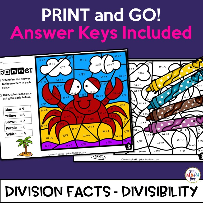 Summer - Division and Divisibility Color by Number - Sum Math Fun