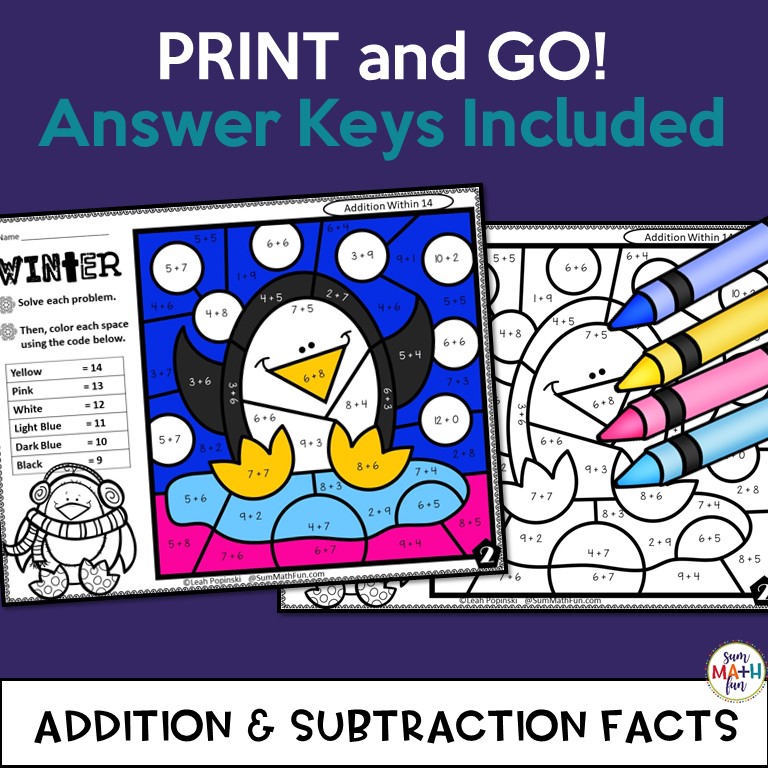 Winter Color by Number Addition and Subtraction Worksheets - Sum Math Fun