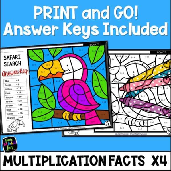 Multiplication Worksheets - Color by Number - Using 4 as a Factor - Sum ...