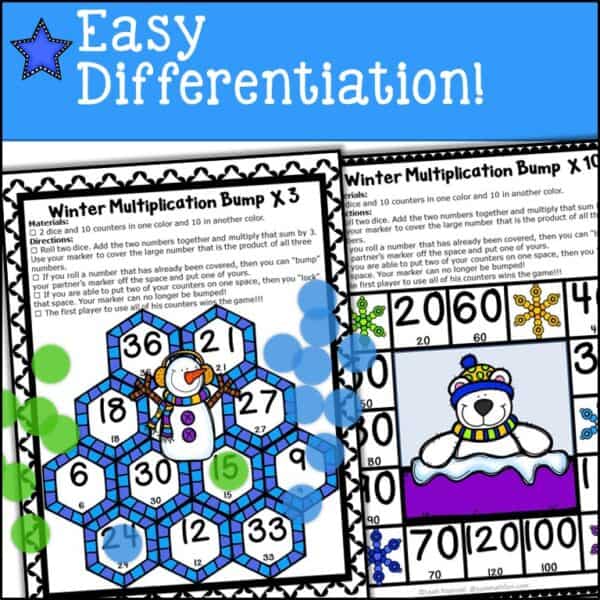 Multiplication Bump Games and Worksheets - Winter Themed - Sum Math Fun