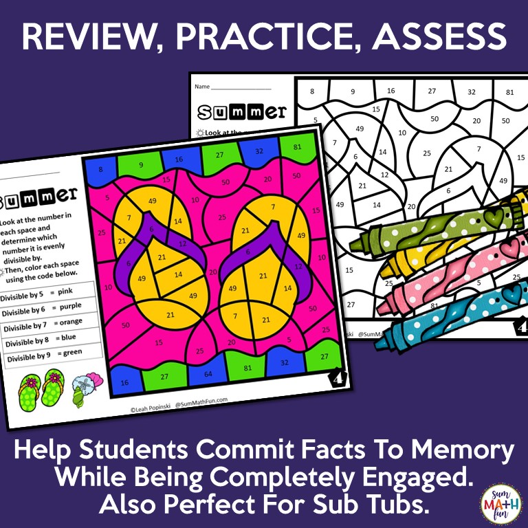 Summer - Division and Divisibility Color by Number - Sum Math Fun