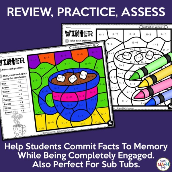 Winter Color by Number Addition and Subtraction Worksheets - Sum Math Fun