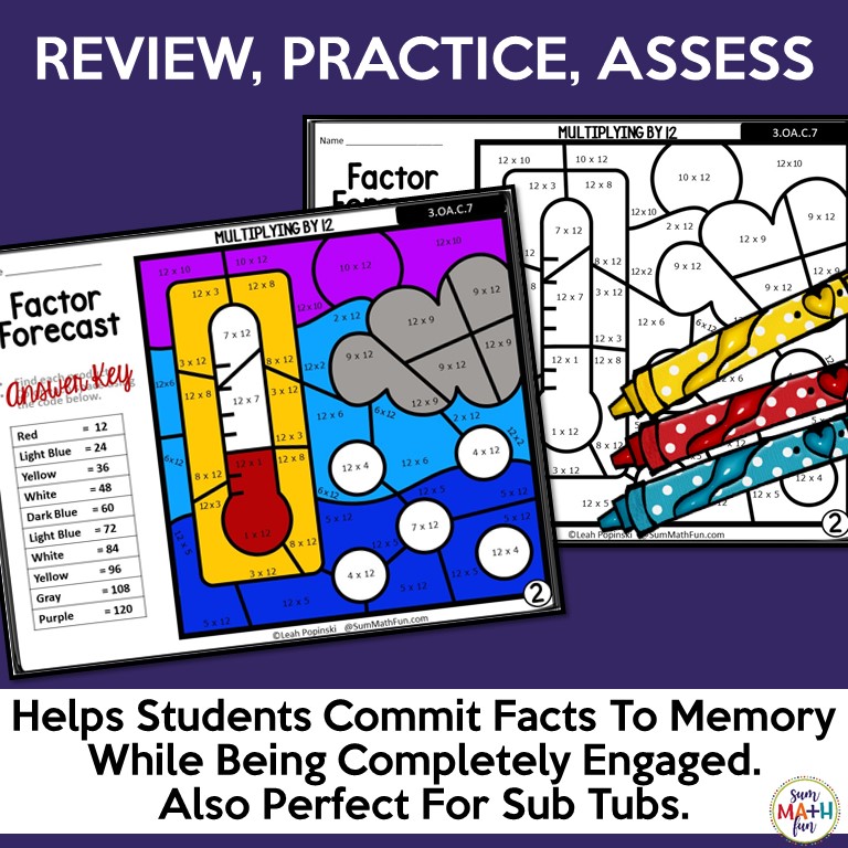 Multiplication Worksheets - Color by Number - Using 12 as a Factor