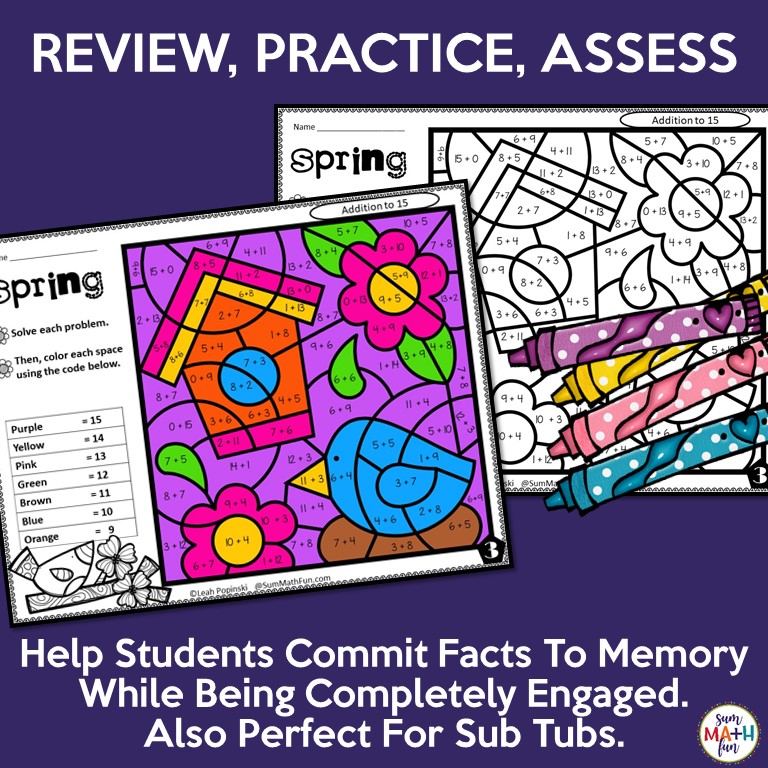 Spring - Addition and Subtraction Color by Number - Sum Math Fun