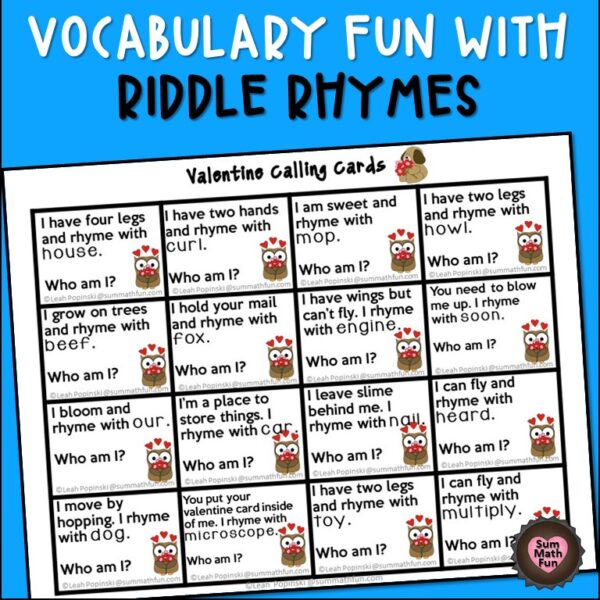 Valentine's Bingo Game or Memory Game - Riddle Rhymes - Sum Math Fun