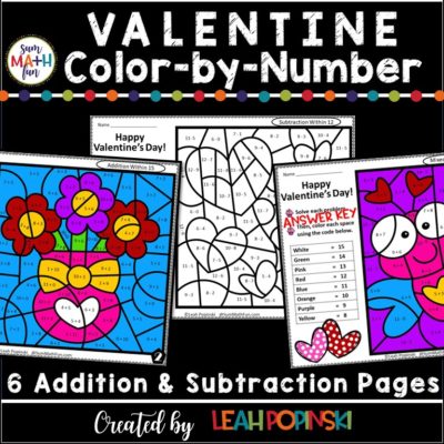 Valentines Day Addition and Subtraction Color by Number - Sum Math Fun